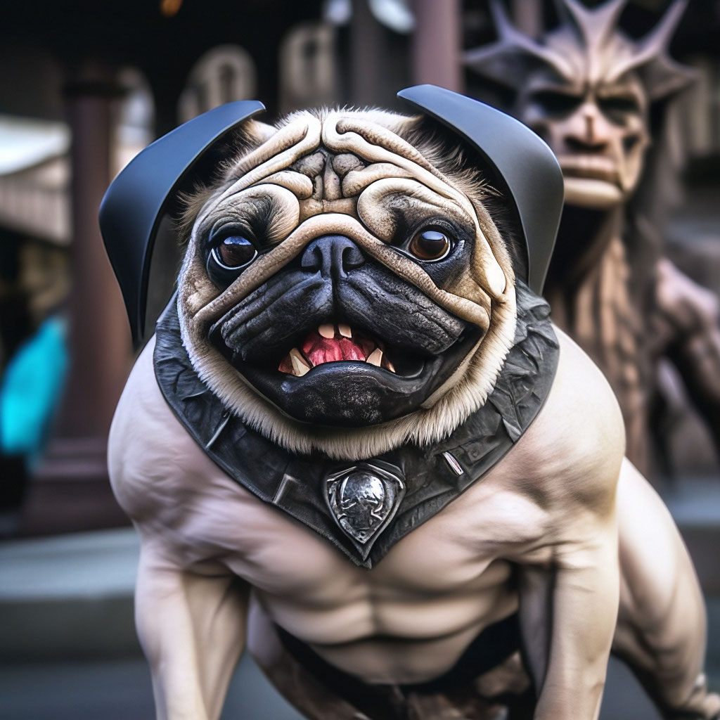 "An evil pug with bat ears vampire-like fangs and a pumped-up fantasy ...