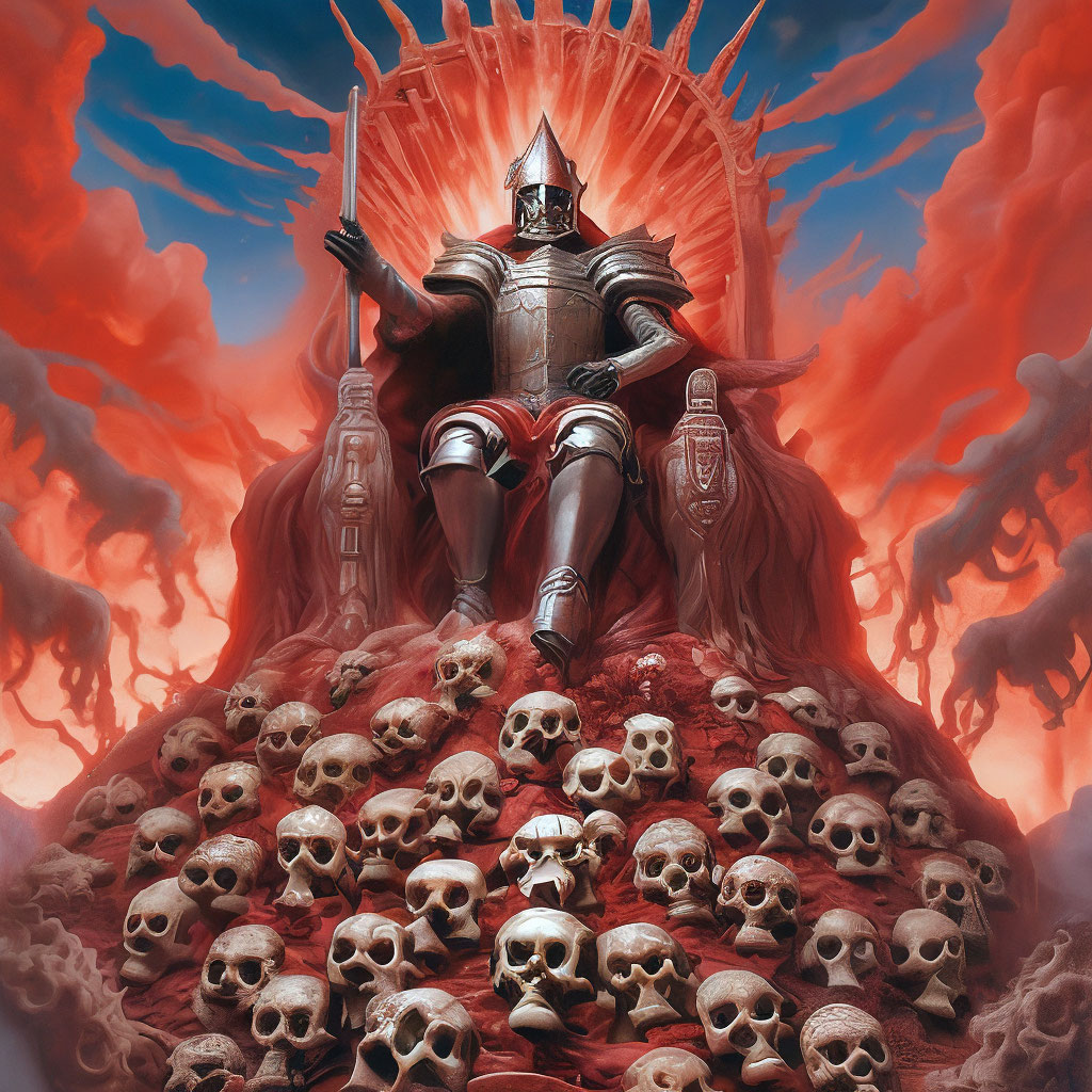 "A monumental throne made of thousands of skulls on which sits a knight ...