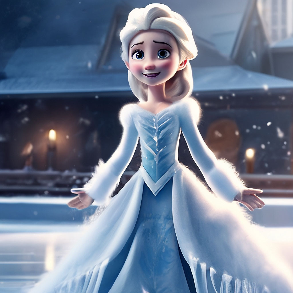 "Elsa from the cartoon in a snow-white icy fluffy dress with a smile on ...