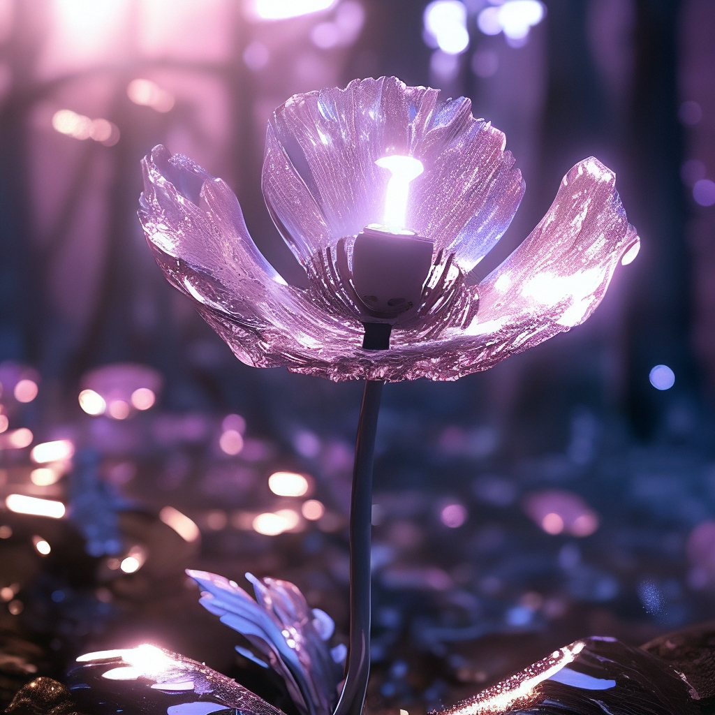 "Ghostly translucent California poppy, futuristic shimmering forest ...