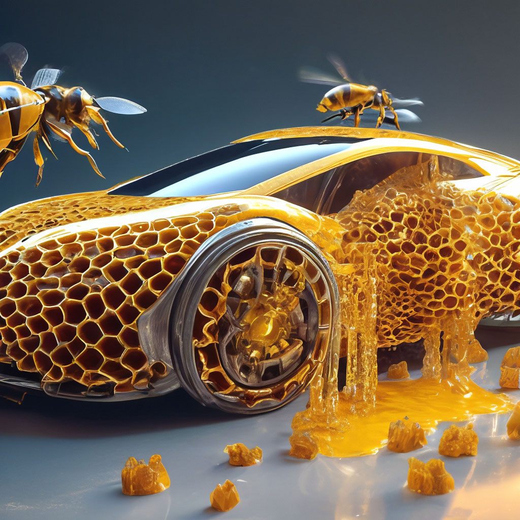 "Futuristic car of the future created from honeycombs, honey oozes from ...