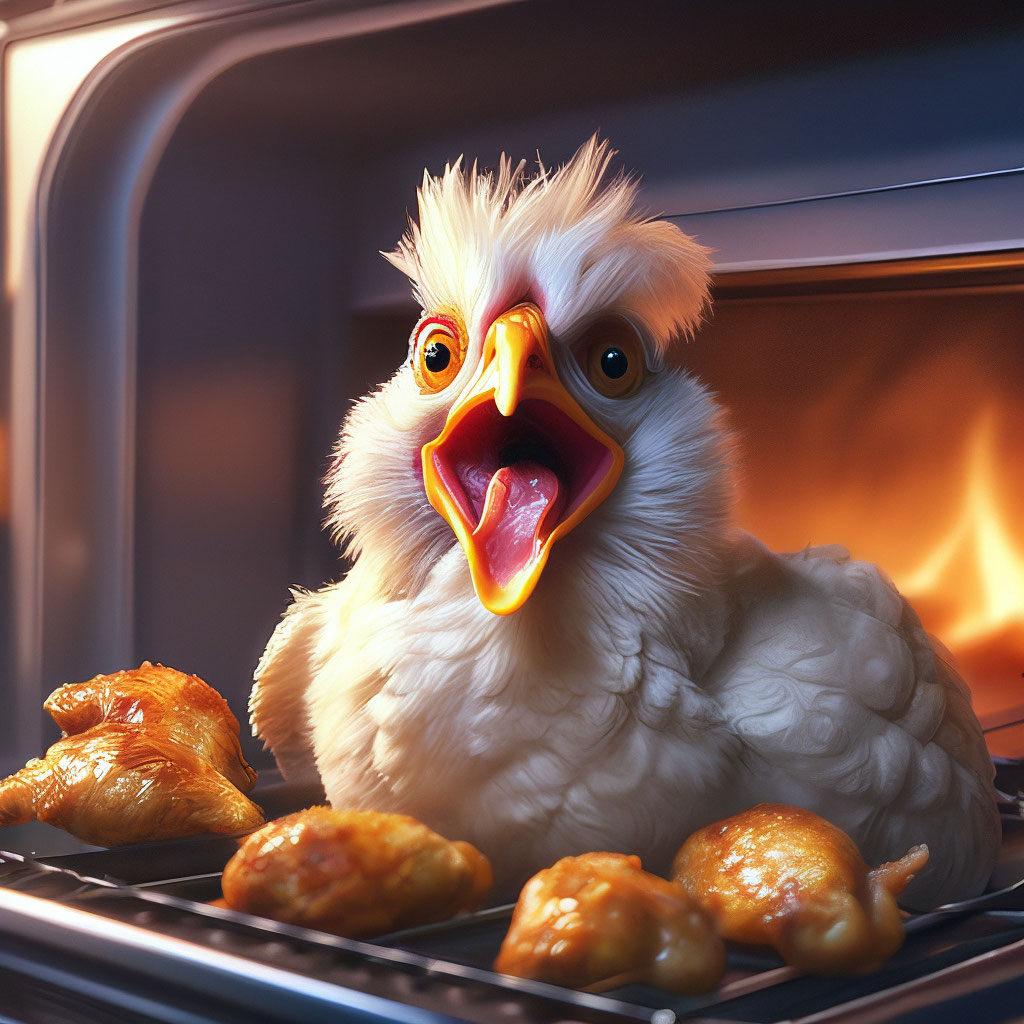 "A chicken with bangs, rejoicing, looks at how the chicken is baked in ...