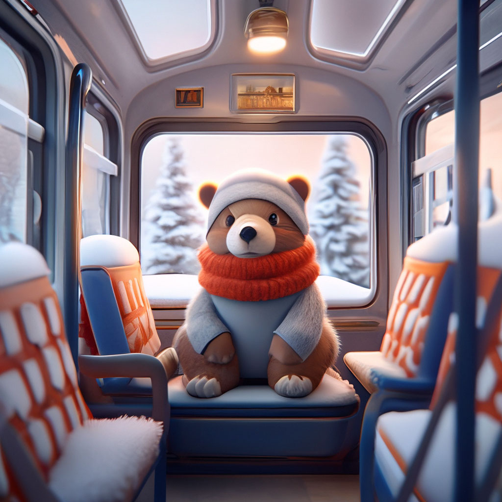 "A little chubby bear cub in a long scarf is sadly riding on a bus ...