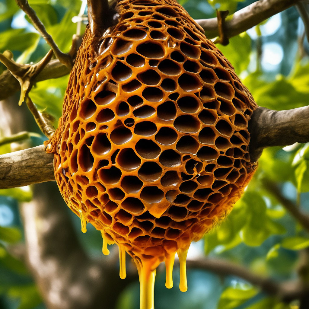 "Wild beehive on a tree, honey flowing, dripping art, high resolution ...