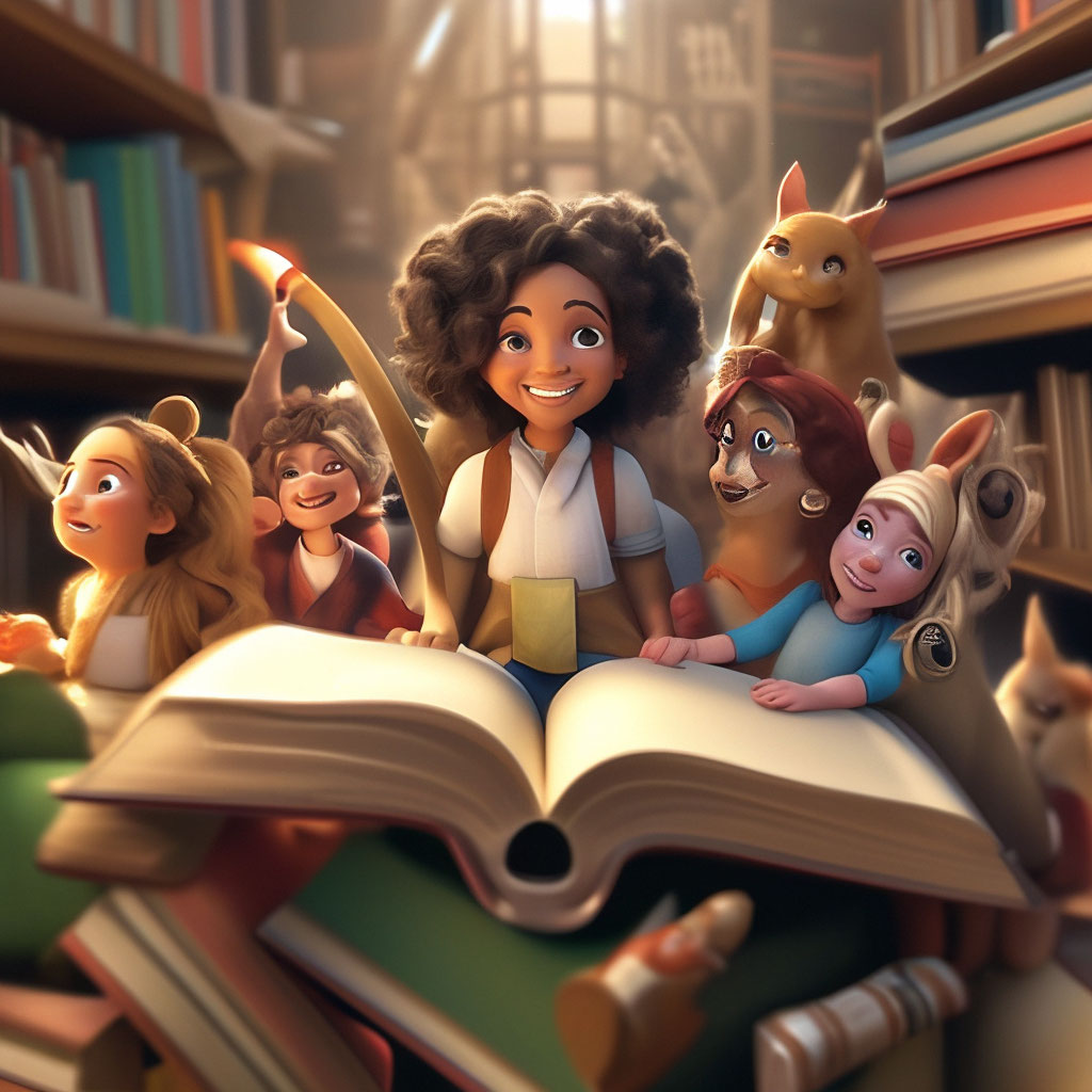 "Different characters from books come out of the book" — image created ...