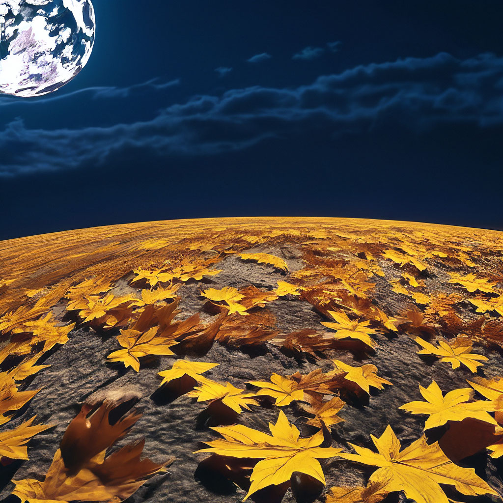 "The moon is completely covered with large dry maple leaves, spring in ...