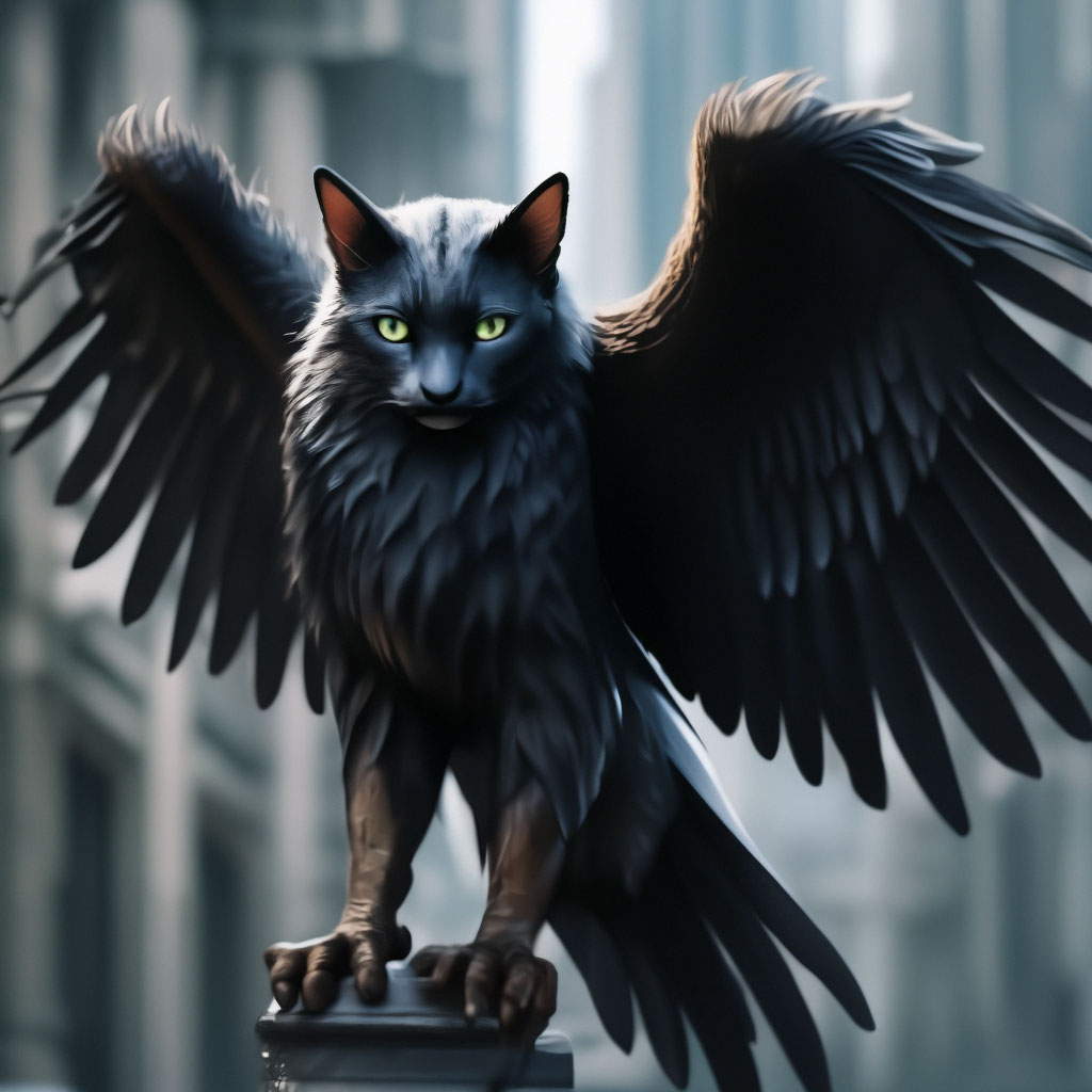 "A hybrid of a cat and an eagle, black in color, with crystal wings ...