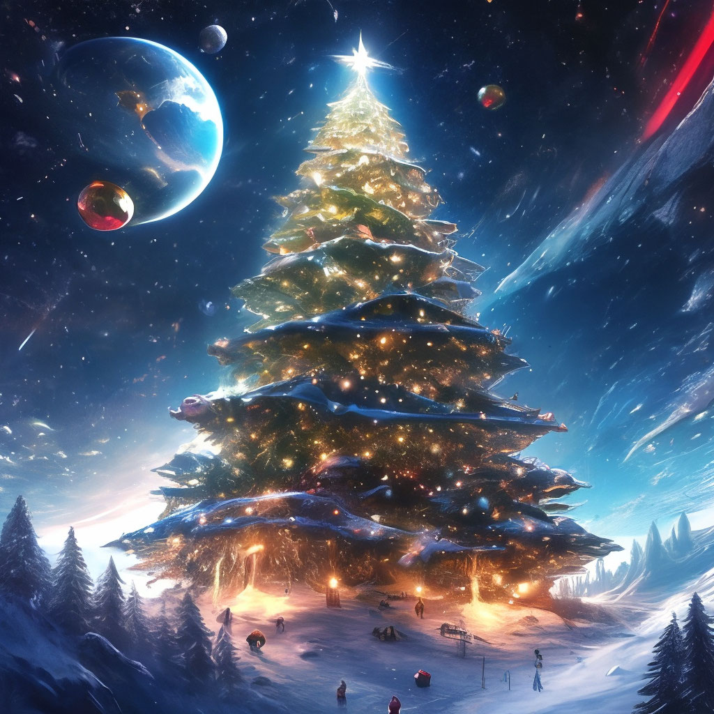 "Christmas tree in space" — image created in Shedevrum