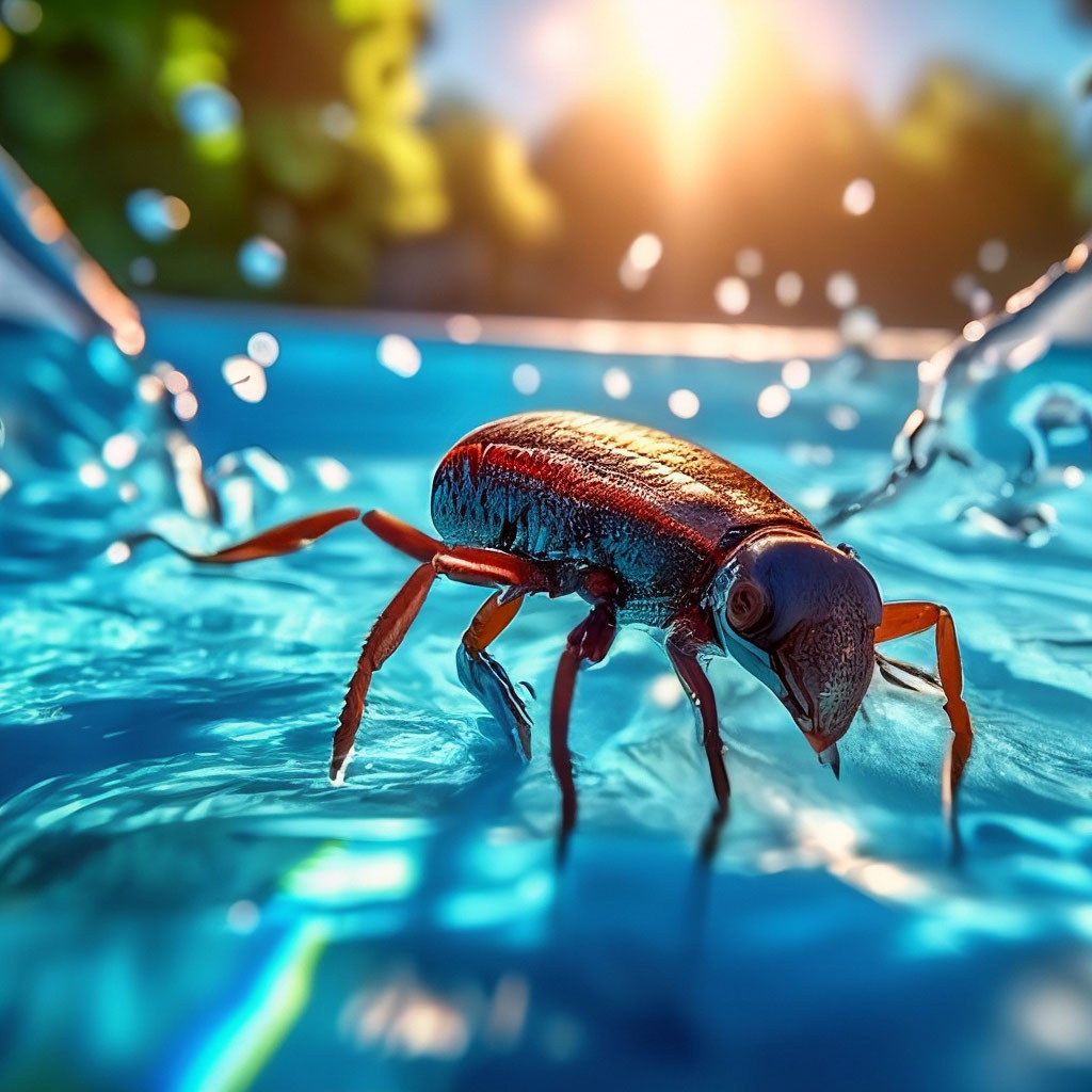 "A huge flea dives into a pool of azure water, juicy, sunny, realistic ...