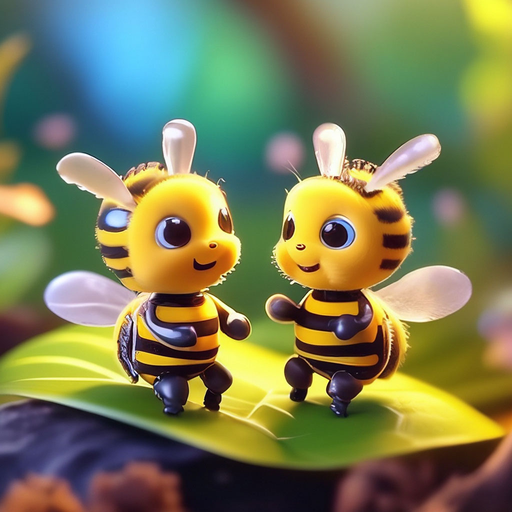 "Two cute little kawaii bees sit on a leaf and communicate with each ...