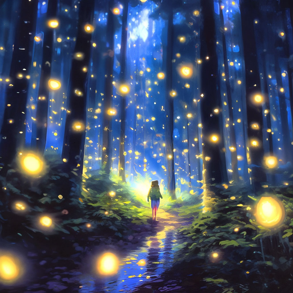 "Into the forest where the fireflies twinkle" — image created in Shedevrum