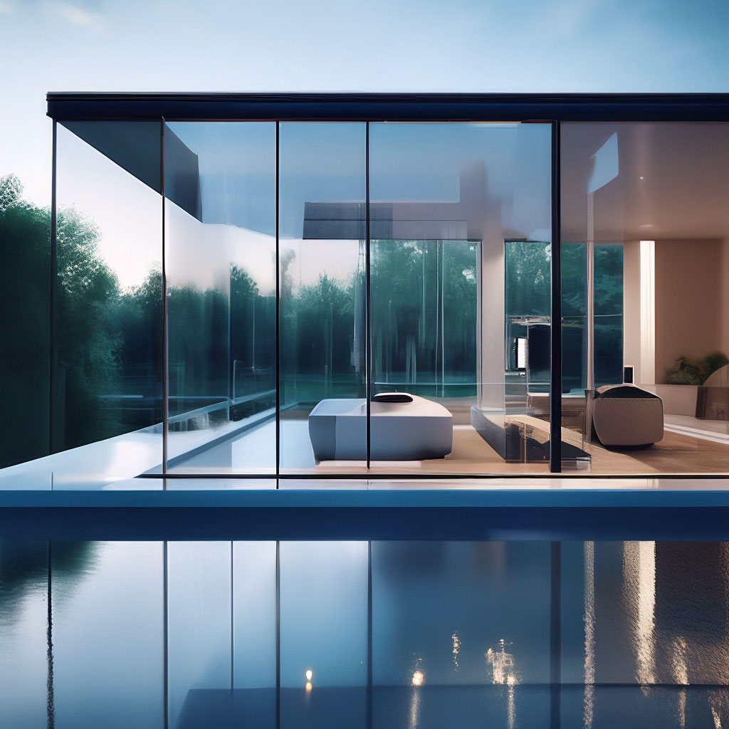 "Water house walls made of glass, transparent, transparent house ...