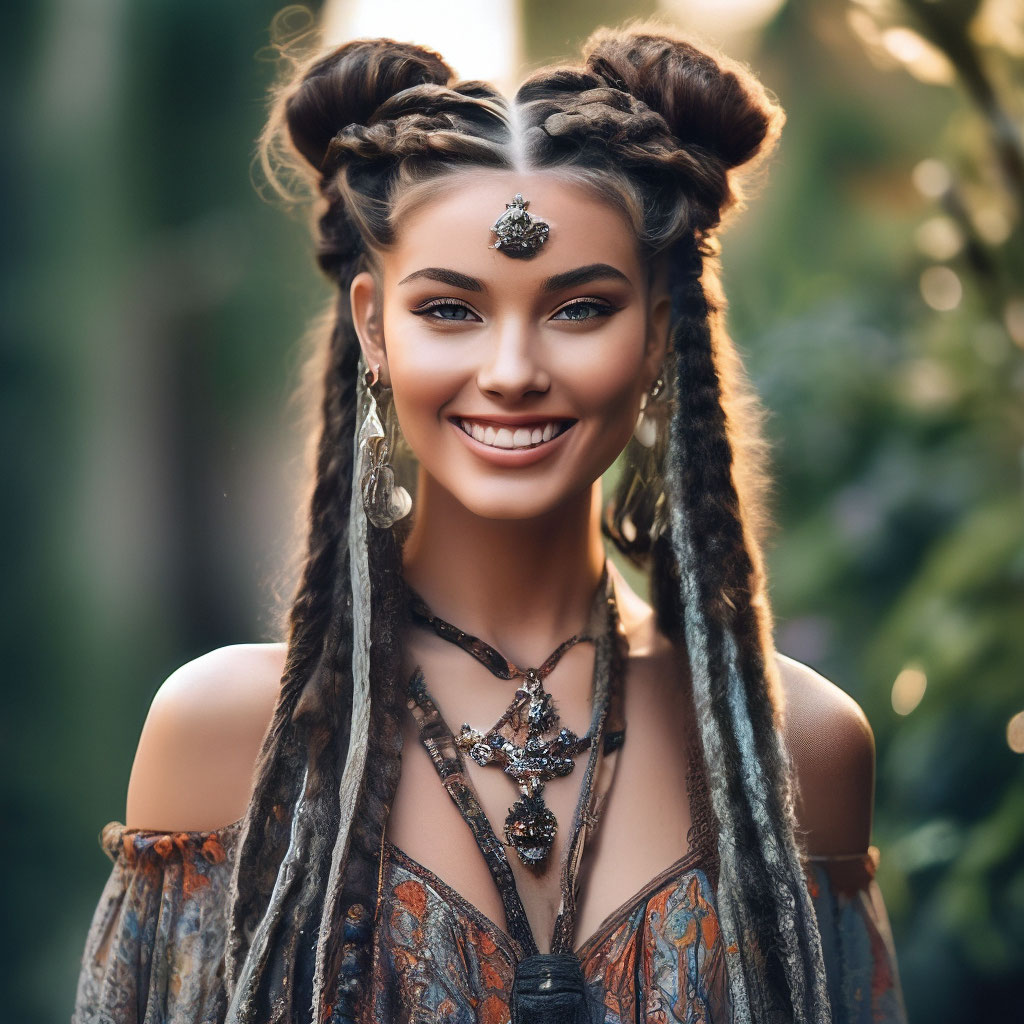 "Bohemian woman with long small pigtails, complicated hairstyle ...