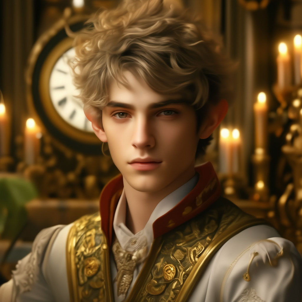"A handsome young elf The elf of the clock. rococo,bohemian setting ...