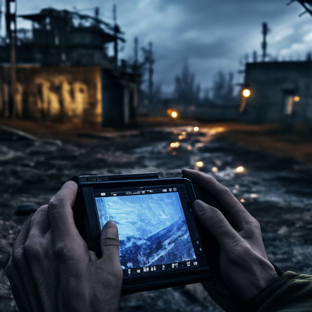 "Stalker looks at the terrain map on his PDA,first-person view, post ...