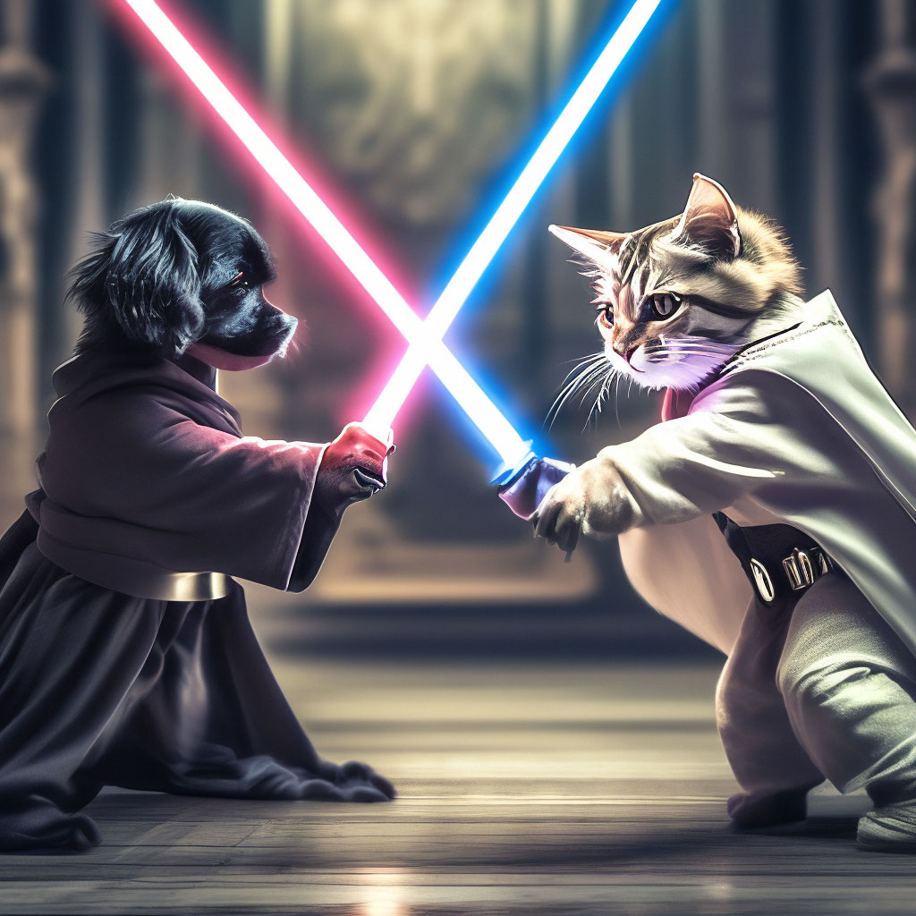 "Jedi dogs vs Sith cats,lightsaber duel, high resolution, high detail ...
