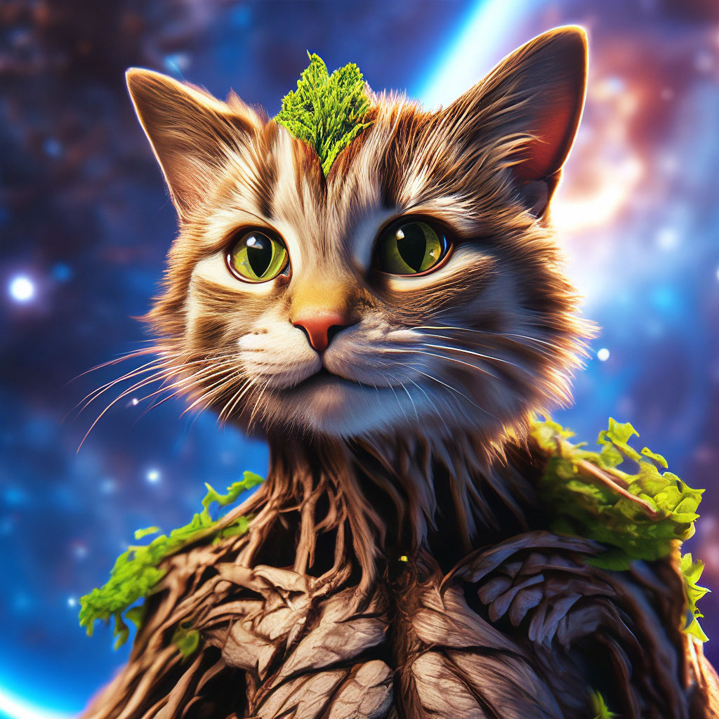 "∆ cat Groot, hyperrealism detailing, on the background of the galaxy ...