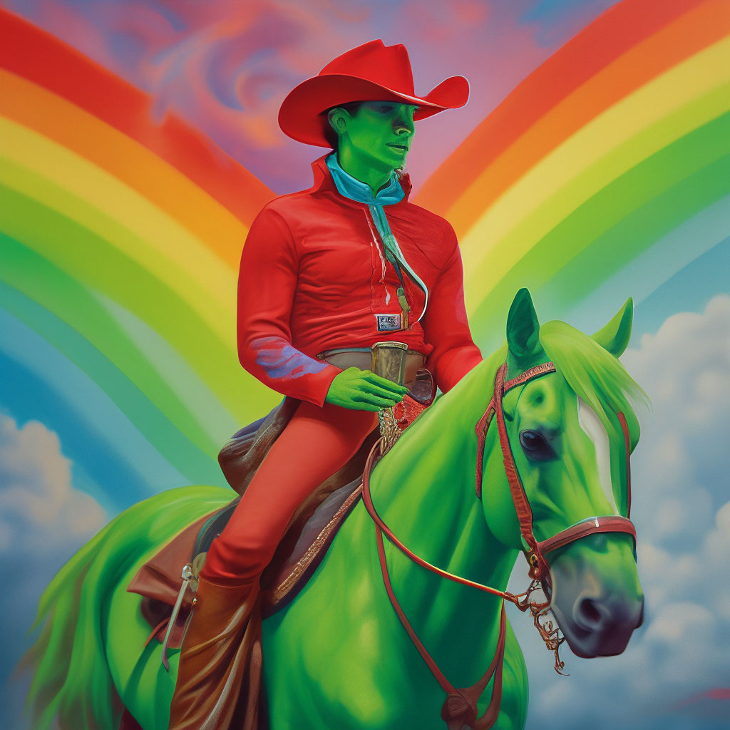"A green rainbow horse is sitting on a man in a red cowboy hat hear ...