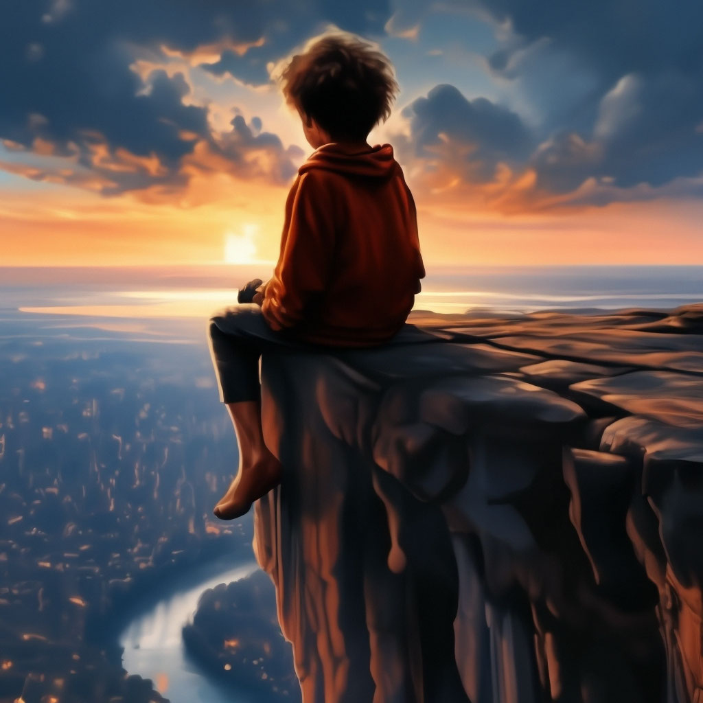 "The boy is sitting with his legs dangling at the edge of the earth ...