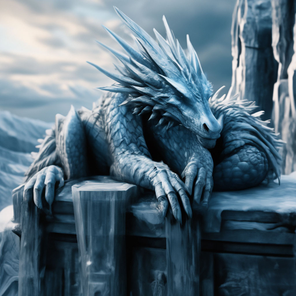 "An ice dragon sits on an ice tower and sleeps on an ice bed" — image ...