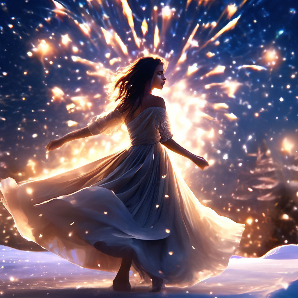 "A girl is spinning in a dress, fireworks explode on the hem of the ...