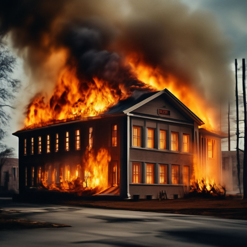 "Burning school, professional photo, 4k" — image created in Shedevrum