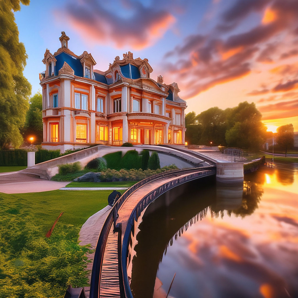 "Beautiful facade of the house, embankment, arched bridge to the park ...
