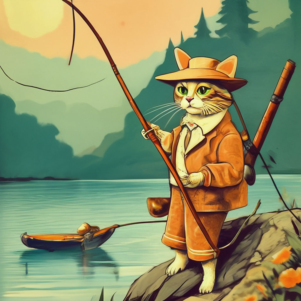 "The cat goes fishing. Gouache, vector, muted colors, high detail, 128k ...