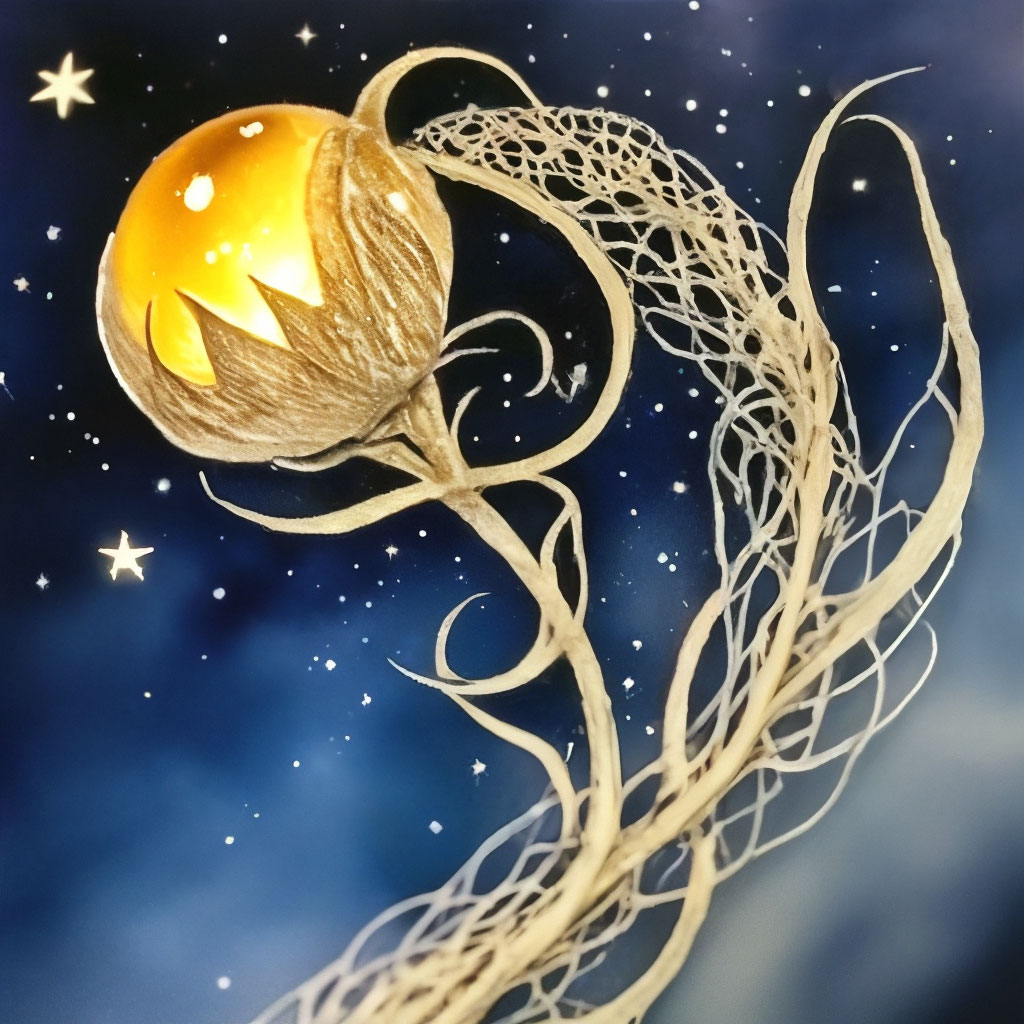 "The moon flower is woven from cobwebs and fine fibers, curved petals ...