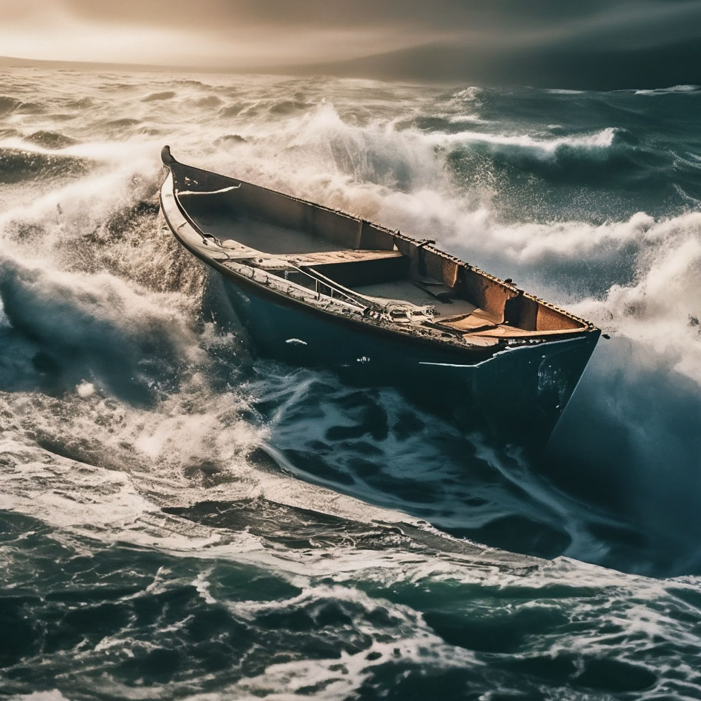 "Boat in the raging ocean,sadness, aesthetic, beautiful, realistic ...