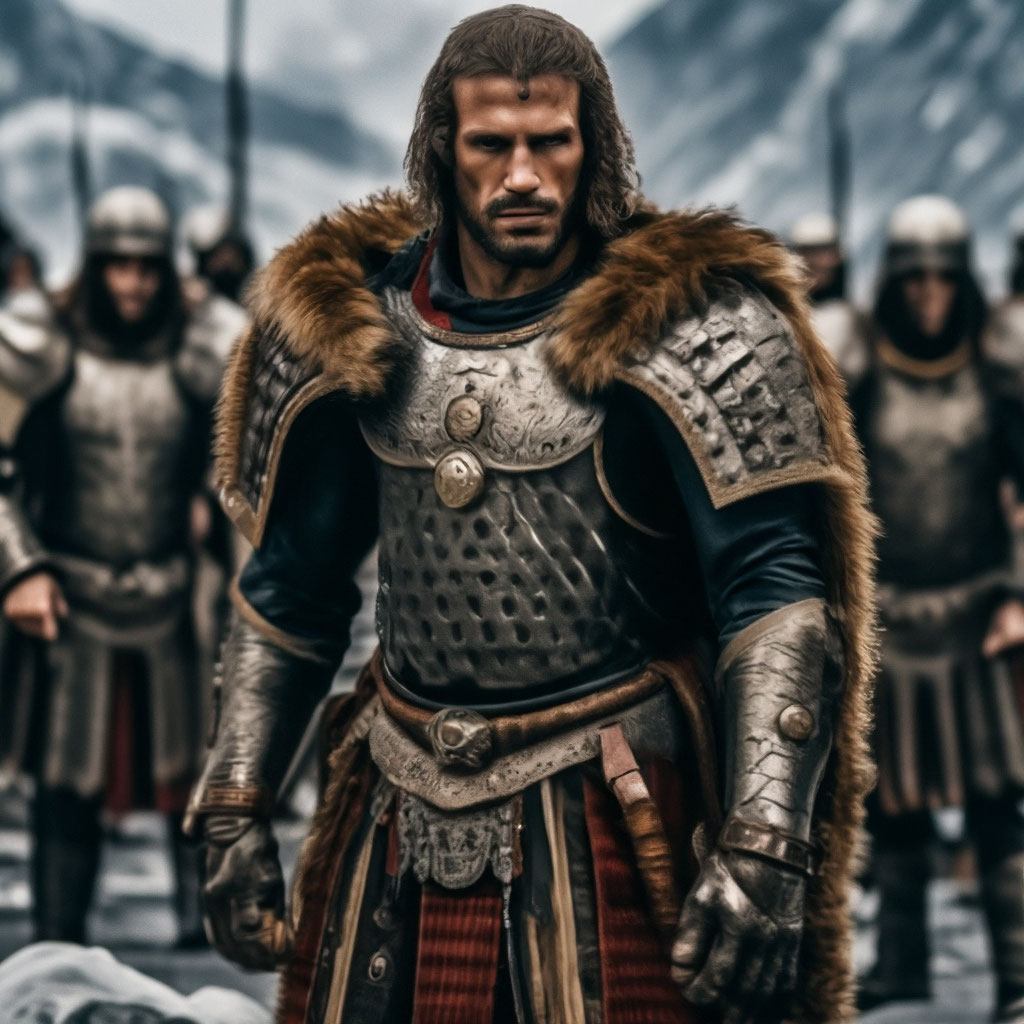"Gothic noble Roman centurion in armor and bearskin, standing on a ...