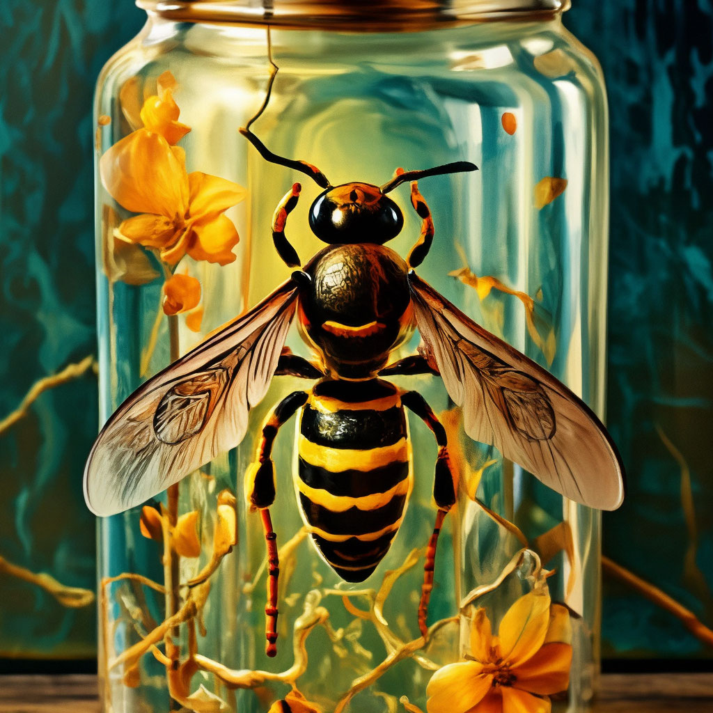 "Wasps inside a glass jar Scandinavian style surreal, drawing details ...
