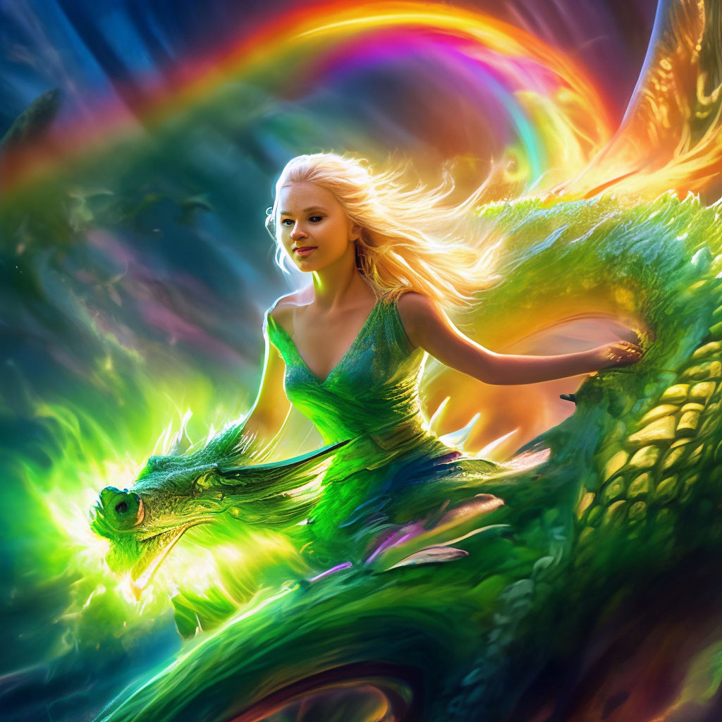 "A bright blonde is flying on a green dragon rainbow whirlpool fire ...