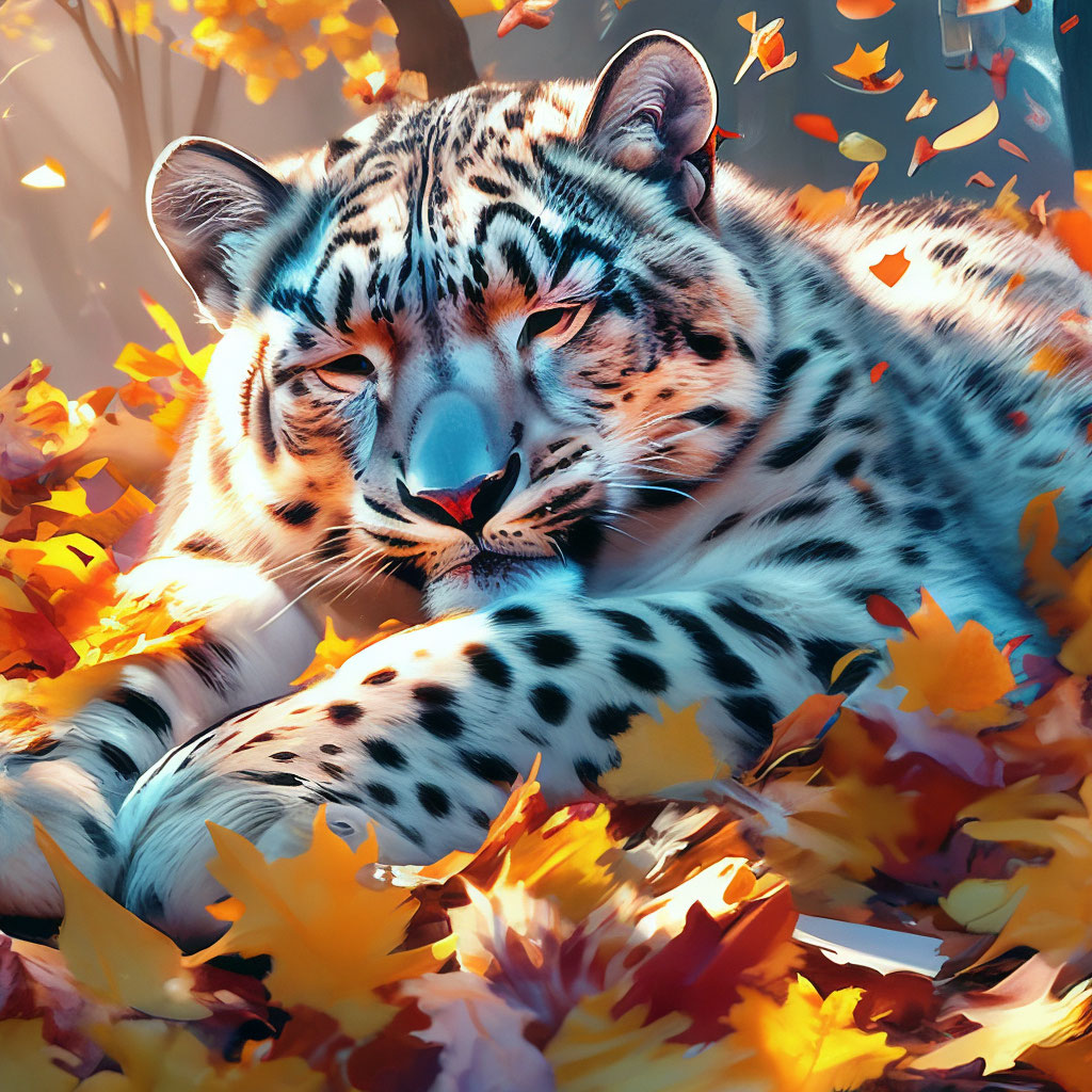 "A very fluffy and huge snow leopard sleeps in a pile of autumn leaves ...