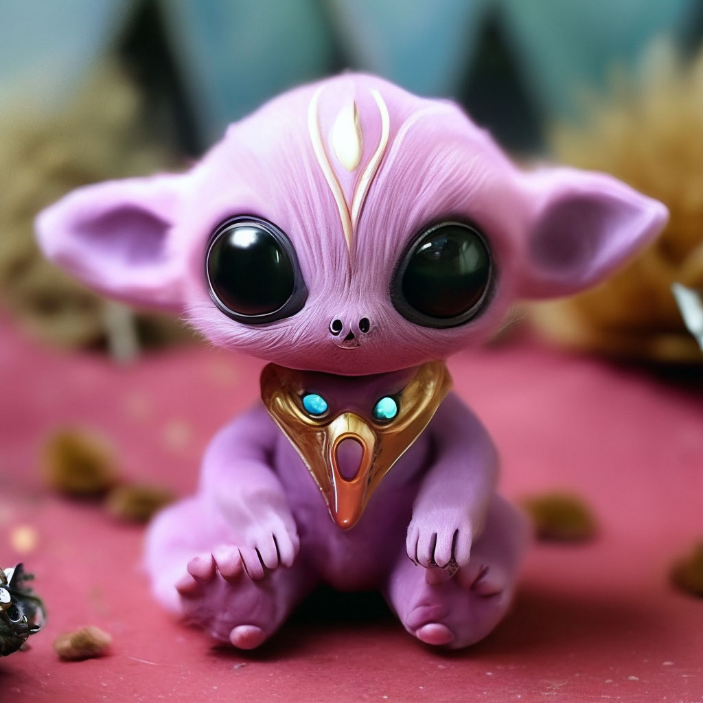 "An alien alien is sitting on the red ground, a very fluffy unreal ...
