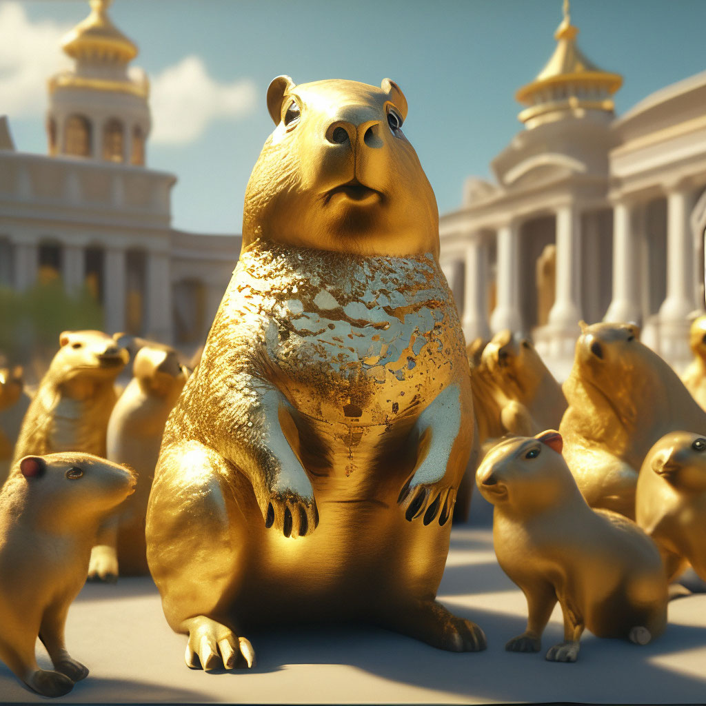 "Golden capybara statue, a crowd of capybaras near it, 4k, high ...