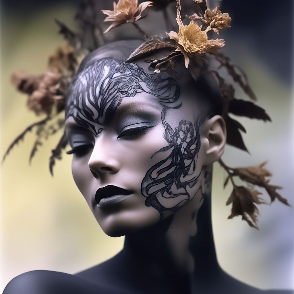 "Dark botanical body art: magic on the face" — image created in Shedevrum