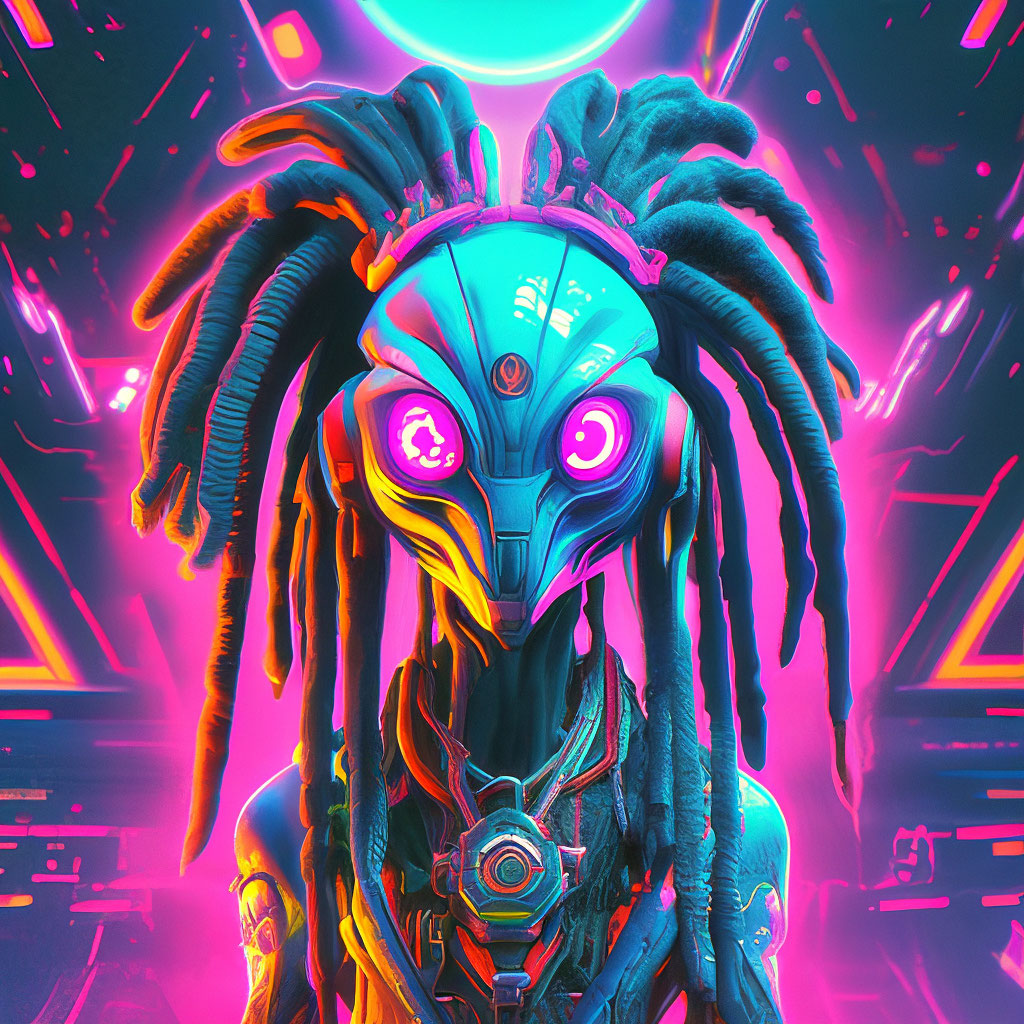"Anthropomorphic alien creature, dreadlocks blue fire, big bulging eyes ...