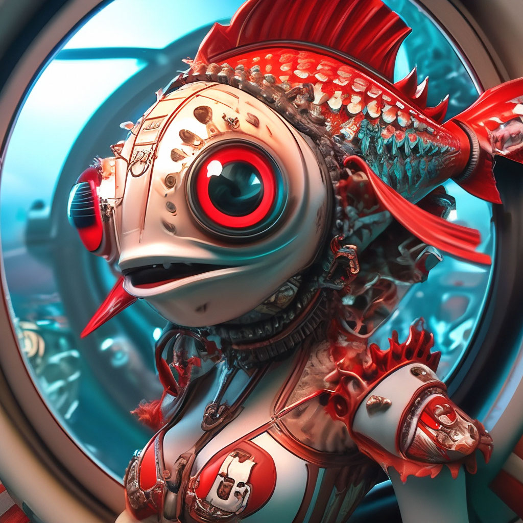 "Alien fish, huge faceted eyes, in clothes, red eyes, relief body ...