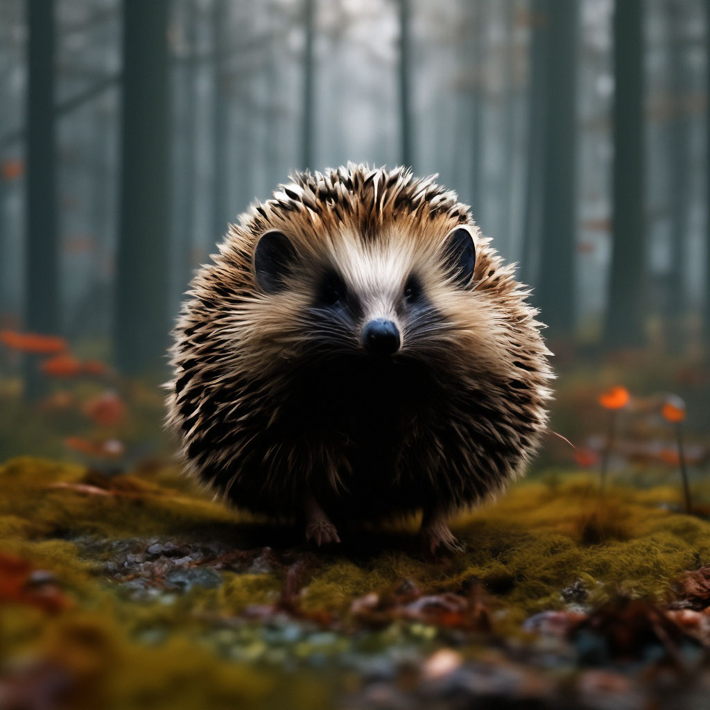 "A very fat hedgehog in a foggy forest" — image created in Shedevrum
