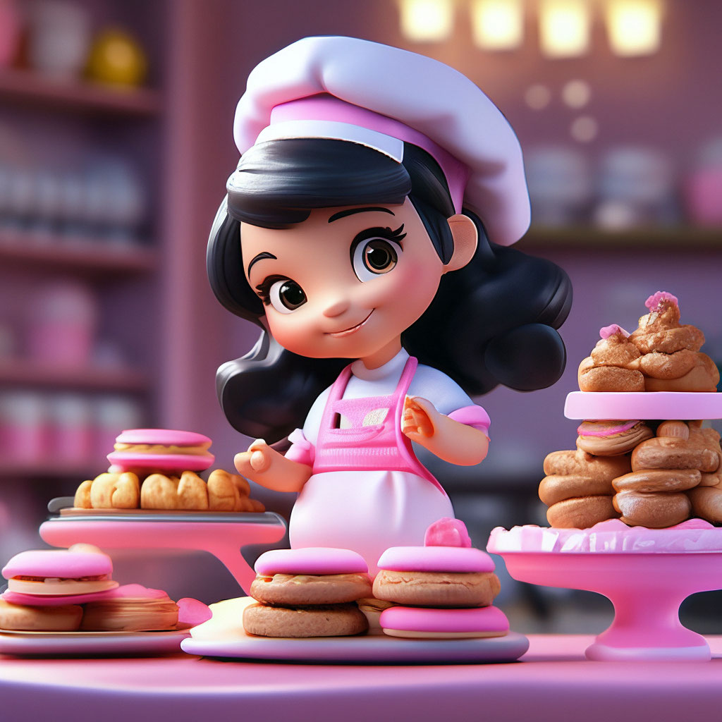 "Chibi bakery, PASTRY, BLACK HAIR AND PINK, 3d cake, chef's hat ...