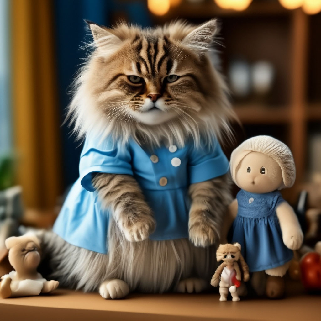 "A fat shaggy sleepy disheveled cat in a blue dress stands on its hind ...