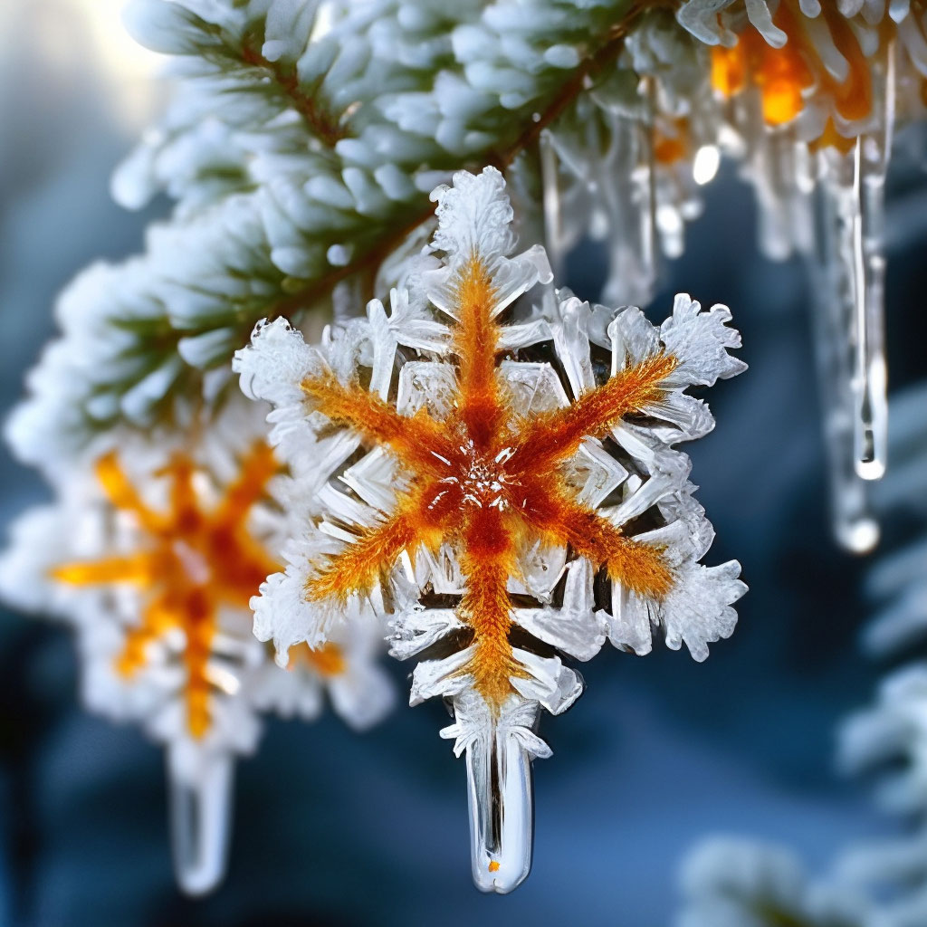"Realistic, macro snowflakes, crystal icicles, transparent marmalade ...