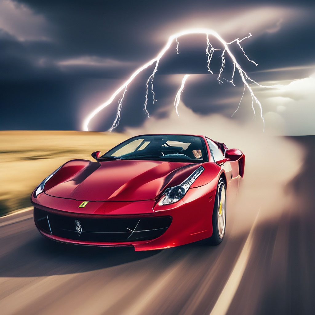 "Red Ferrari in a jump, escapes at high speed from a tornado with ...