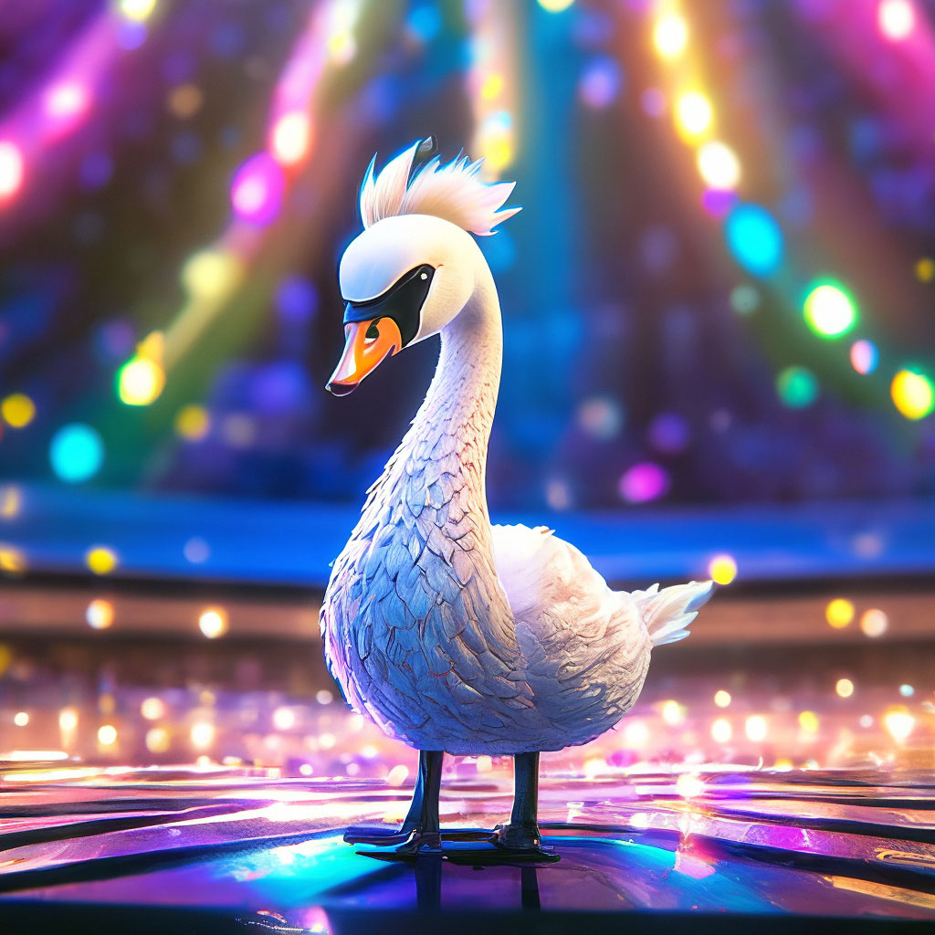 "A small anthropomorphic swan stands on the stage. All the features are ...