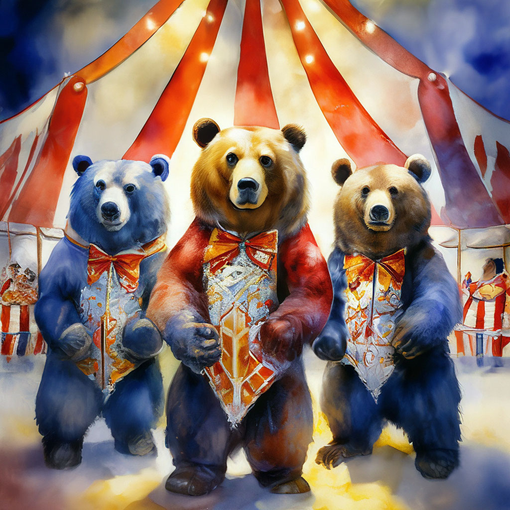 "Watercolor, watercolor, three bears in the circus arena, dynamic photo ...