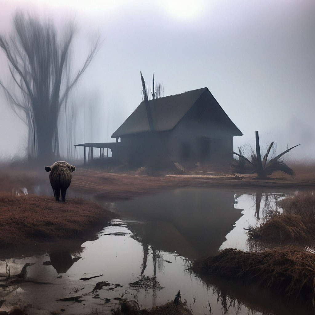 "Stalker an abandoned burnt-out farm in the middle of a swamp, wild ...