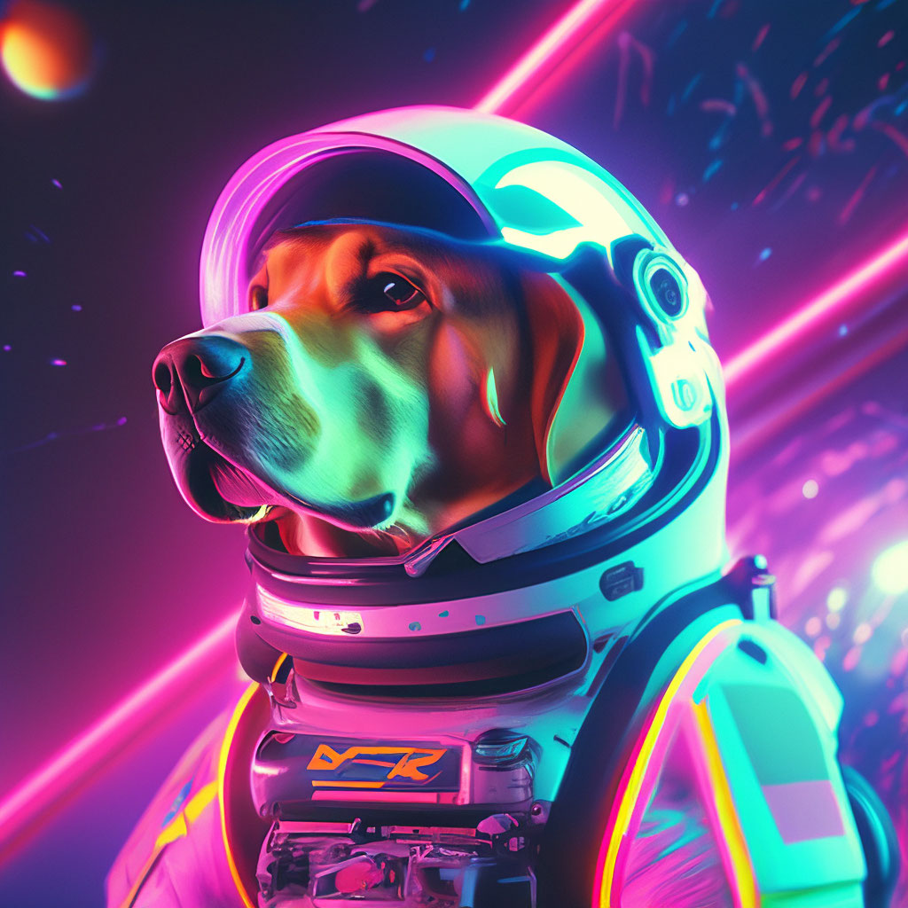"Muscular dog in space in a space suit, 4K," — image created in Shedevrum