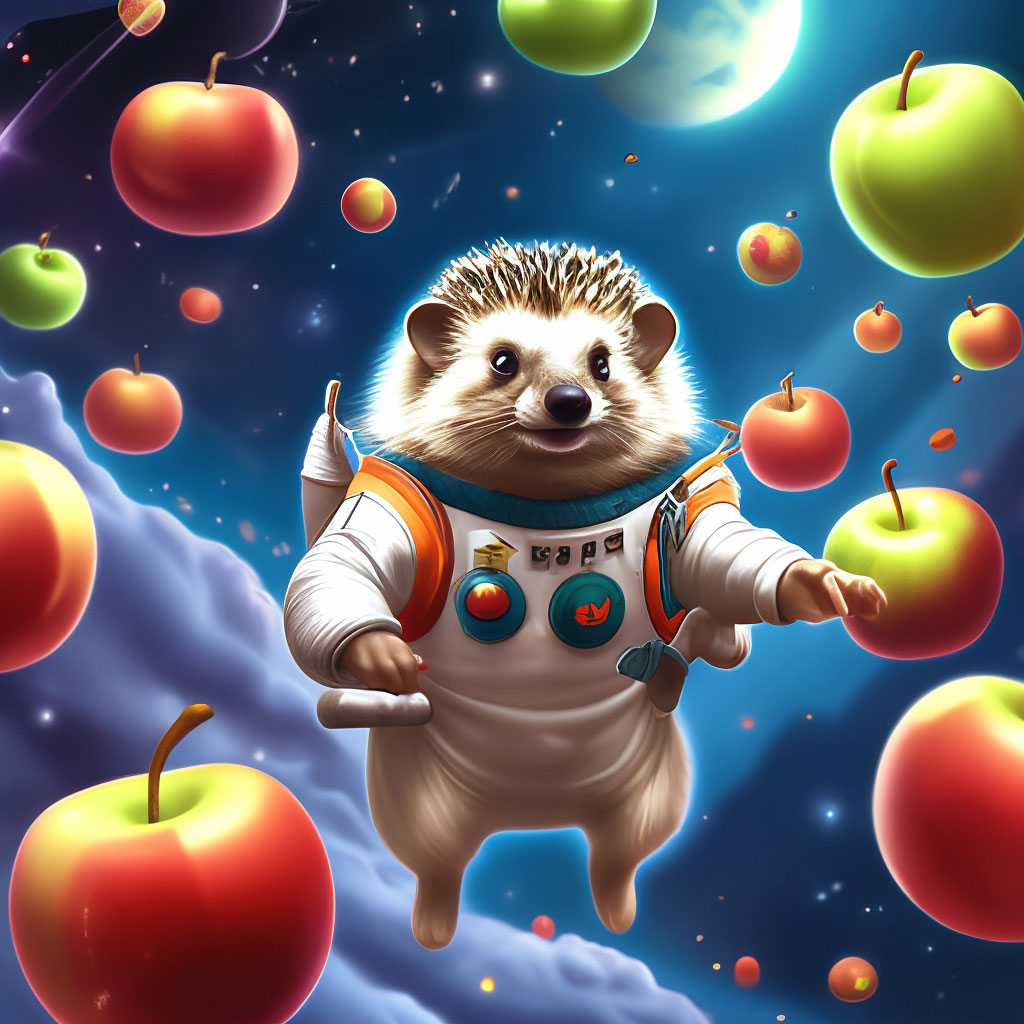 "Hedgehog in space in a spacesuit and apples are flying around" — image ...