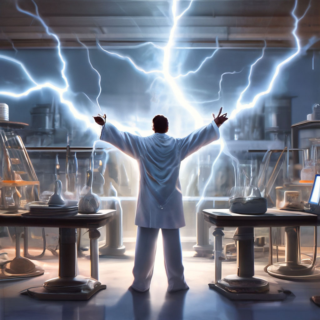 "Standing with his back, a scientist in a white coat with his arms ...